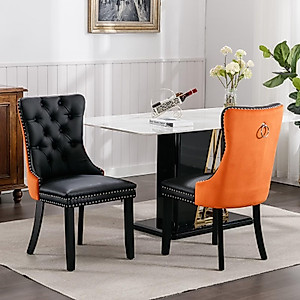 PU Leather Dining Chairs Set of 2, Upholstered Tufted Dining Room Chairs with Nailhead Trim, Ring Pull and Solid Wood Legs, Luxury Wingback Dining Chairs for Living Room Kitchen, Black+Orange
