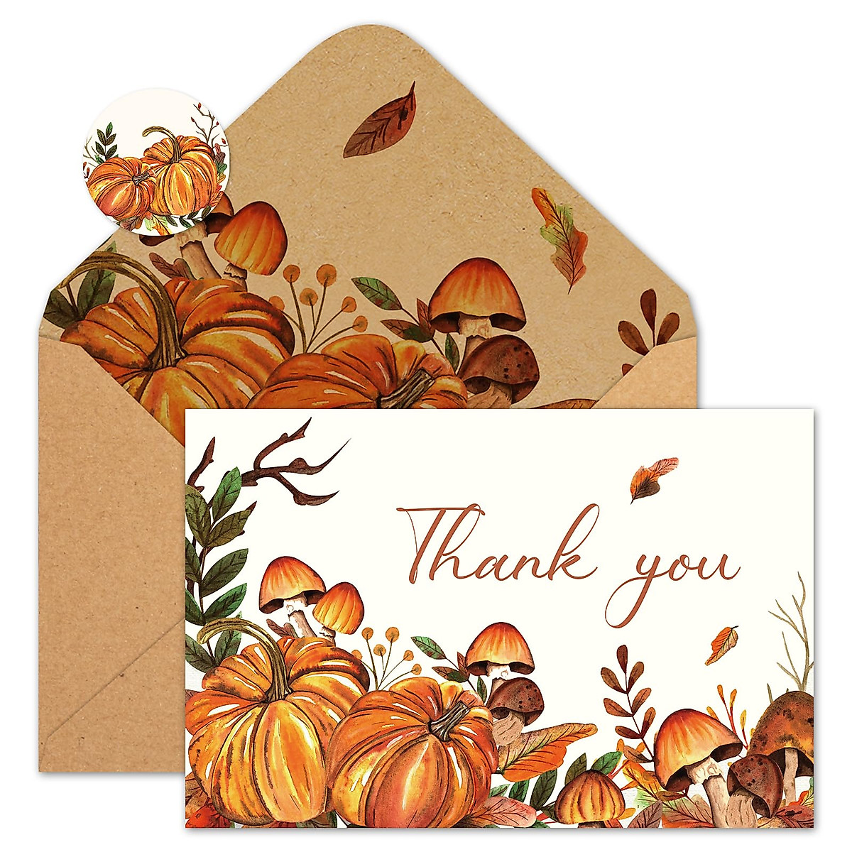 Whaline 24 Pack Fall Thank You Cards Autumn Mushroom Pumpkin Leaves Greeting Cards with Envelopes Stickers Vintage Blank Note Cards for Thanksgiving Harvest, 4 x 6 Inch