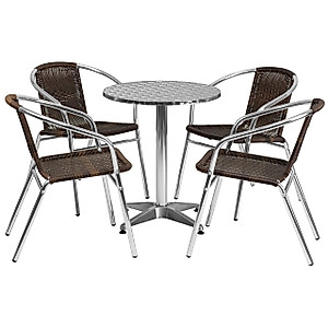 Flash Furniture Lila 23.5'' Round Aluminum Indoor-Outdoor Table Set with 4 Dark Brown Rattan Chairs