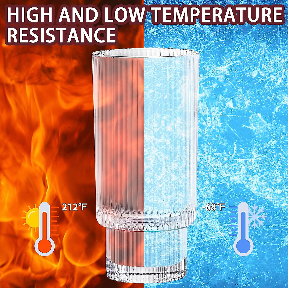 16oz Ribbed Drinking Glasses Set of 4, Clear Reusable Ribbed Glassware, Iced Coffee Cup, Cocktail Can Beer Glasses Cups with Straws, Vintage Wine Tea Water Glass Tumbler, Cute House Warming Gifts