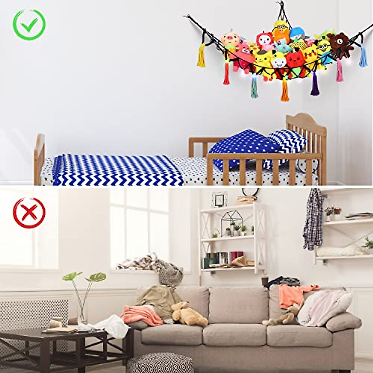 KanYool Stuffed Animal Net or Hammock, Boho Net Hammock for Stuffed Animals with Led Lights Wall Corner Storage Hanging Plush Toy Net with Tassels Teddy Bear Net Black