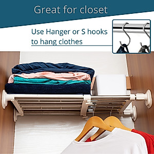 Juwell Tension Rod Shelf, Expandable Closet Tension Shelf with Auxiliary Stickers and Spirit Level, No Drilling Space Saver Racks for Kitchen Cupboard Wardrobe RV(9.45*16.5-25.6Inch)