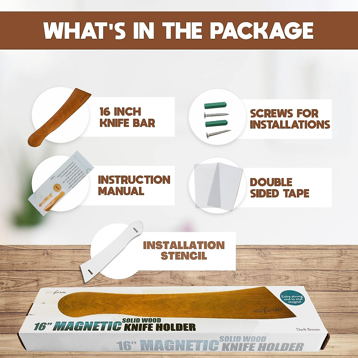 Magnetic knife holder for wall no drill - 16" Wooden knife magnetic strip no drilling option w/adhesive backing & drilling hardware | Magnetic knife strip | kitchen knife organizer rack -Light Brown