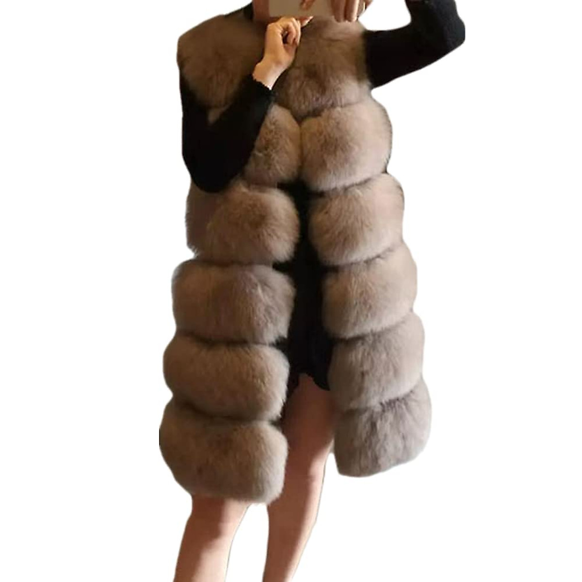 Lisa Colly Women's Faux Fox Fur Coat Jacket Winter Sleeveless Faux Fur Vest Outwear (Beige, 3XL)