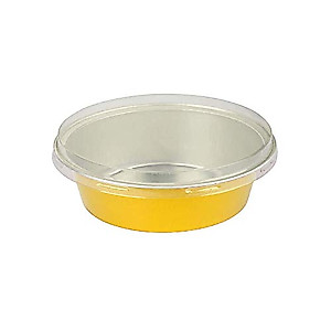 KitchenDance Disposable Colored Aluminum Foil Baking Pan with Lid - 5 Ounces Heavy Duty Baking Cups Perfect for Desserts, Creme Brulee, Flan, Mini Cakes - Pack of 100#A41 (Gold, Flat Lids)