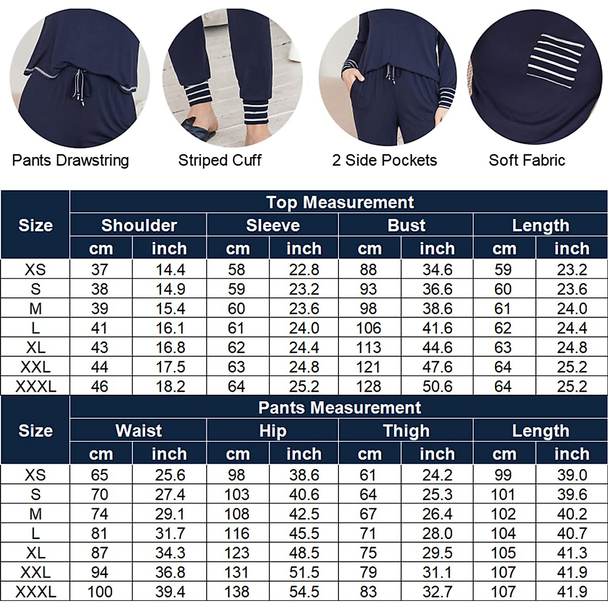 Ekouaer Pajamas Women's Long Sleeve Pj Set Soft 2 Piece Loungewear Sleepwear with Jogger Pants Navy Blue,L