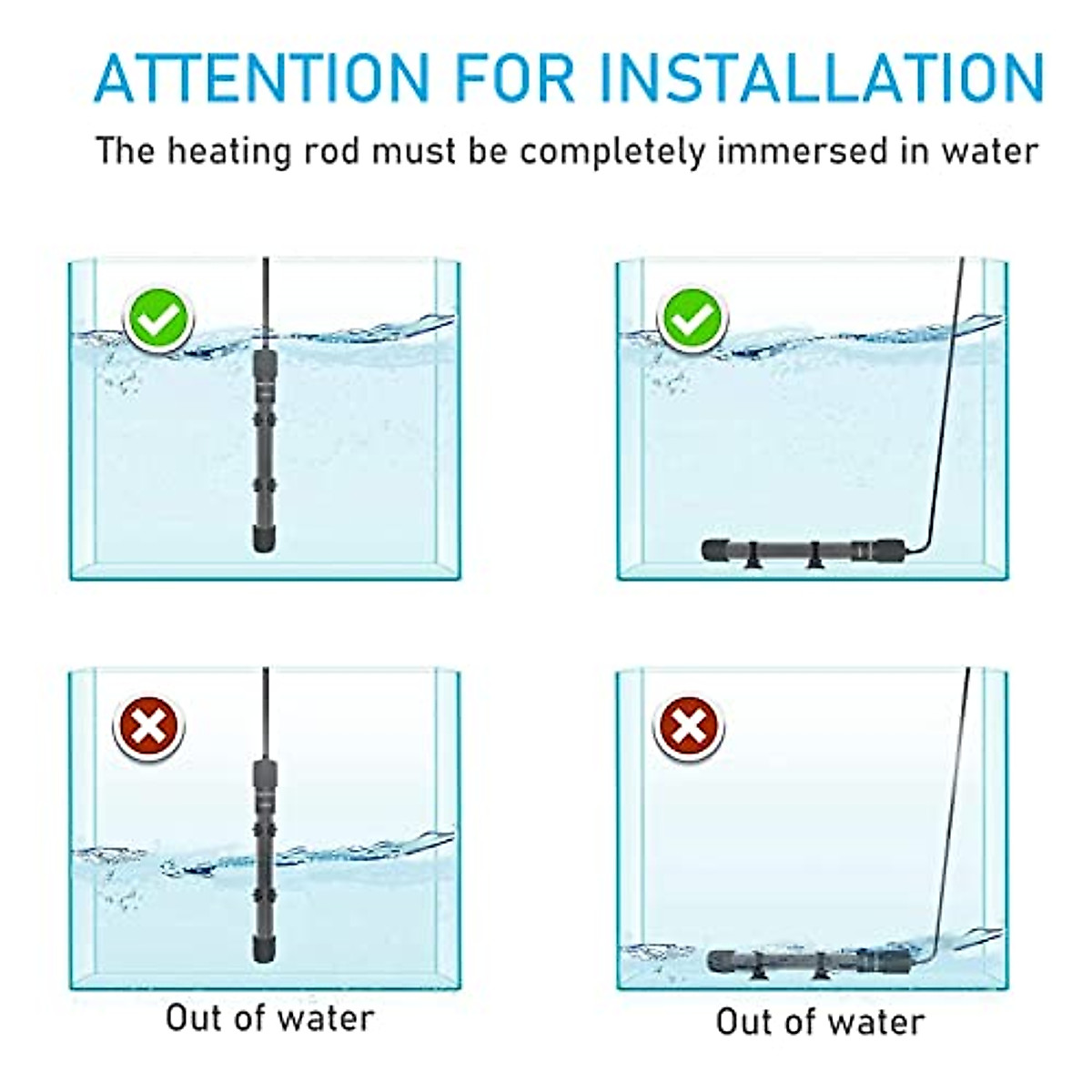 YukiHalu Submersible Aquarium Heater 100/150/200/300W, Small Size, Overheating Protection, External Temperature Controller, LED Display, Used for 20/30/40/60 Gallons (100Watts)