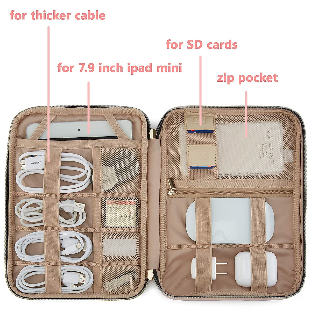 BAGSMART Electronic Organizer, Large Travel Cable Bag,Cord Organizer Bag,Electronics Accessories Cases for 7.9'' iPad Mini,iPhone,Cables,Chargers,USB,SD Card,Leather,Pink