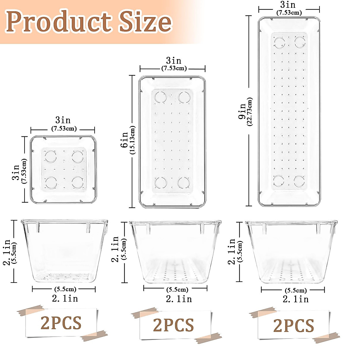 Fodofodo 6 Pack Clear Drawer Organizer Set,Versatile Bathroom and Vanity Organizer Trays,Acrylic Drawer Storage Trays,Storage Bins for Makeup Jewelries,Cosmetics,Gadgets,Kitchen Utensils and Office