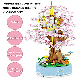 Charming 608-Piece Rotating Sakura Treehouse Music Box Building Blocks Set - Educational Puzzle Toy, for Kids Over 6 and Adults