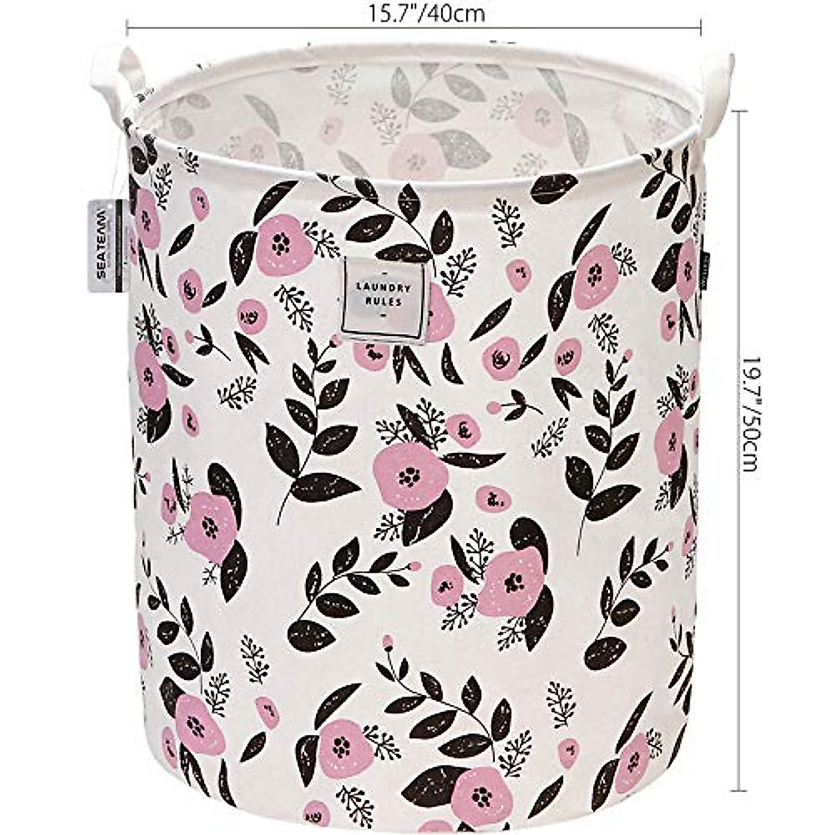 Sea Team 19.7" x 15.7" Large Sized Folding Cylindric Canvas Fabric Laundry Hamper Storage Basket with Floral Pattern, Pink & Black