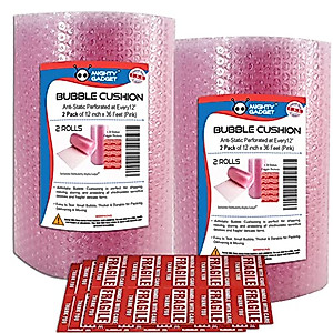 2 Pack of Mighty Gadget Bubble Cushioning Wrap Rolls, 12" x 72’ ft Total, Perforated Every 12" for Packaging, Shipping, Mailing with 30 Bonus Fragile Stickers Included (Pink)