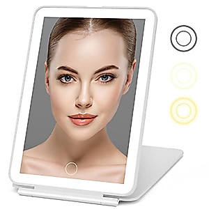Rechargeable Travel Makeup Mirror 72 LED Lighted Makeup Mirror Travel Mirror Compact Slim LED Vanity Mirror with Lights Lighted Makeup Mirror with 3 Lighting Modes Dimmable Touch Screen (White)