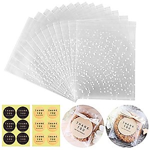 Self Sealing Cookie Bags Cellophane Treat Bags, Searik White Polka Dot Party Pastry Candy Bags For Cookie Wedding Party Gift Giving 100 Bags with 100 Thank You Labels (5.5 x 5.5 inches, 100 Pcs)