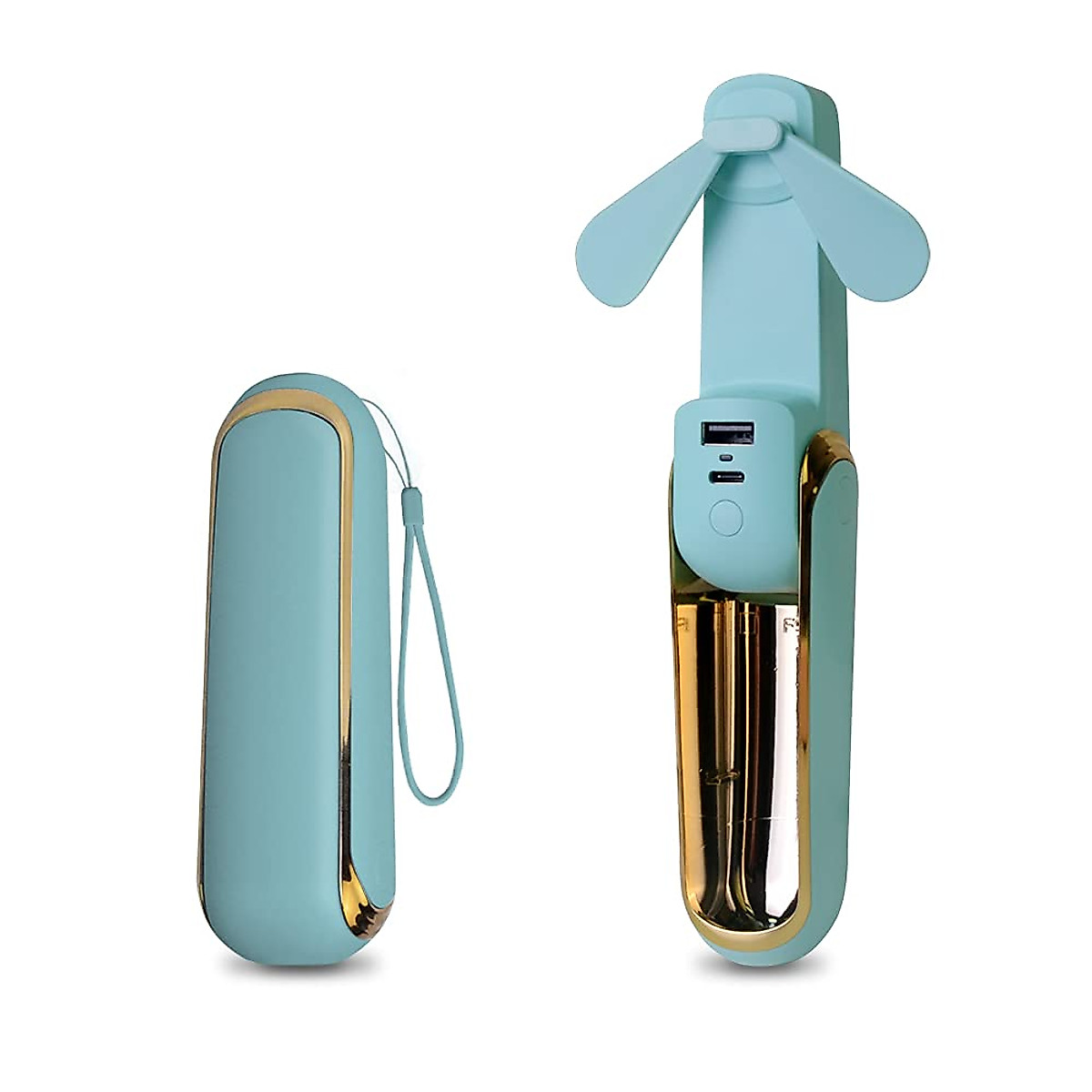 ideapro Pocket Handheld Fan Mini Portable Fan with Lanyard, 2000 mAh USB Rechargeable Mini Fan, Batteries Operated Handheld Fan with 3 Speeds Power Bank Flashlight Function for Home Outdoor Travel