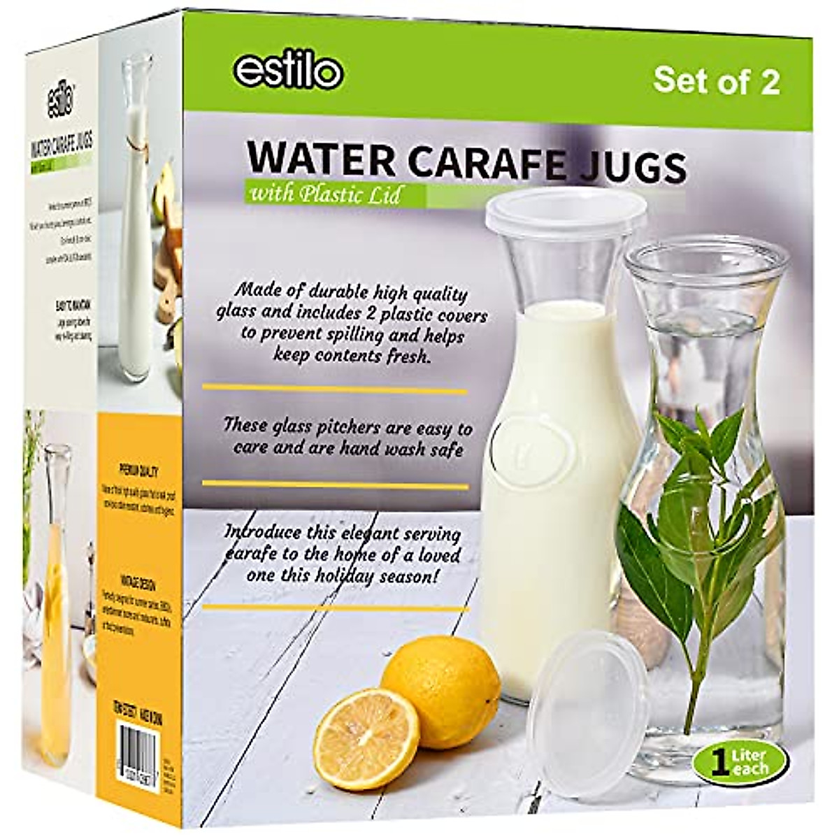 Estilo Glass Carafe With Lid - Wine Carafe with Lid, Juice Serving Carafe, Glass Water Or Wine Carafe- 1 Liter (2) W/Lids, Tall Narrow Neck Design, 33oz, Set of 2, Clear