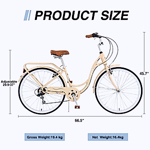 MEGHNA Cruiser Bike Low Step-Through 26inch Commuter Bike V - Brake 7 Speed Shifter Driven City Bike for Women Senior Men (Beige)