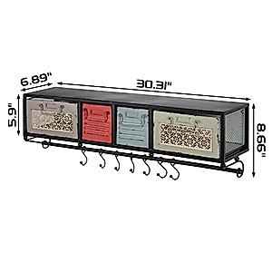 AcozyHom Metal Wall Mounted Coat Rack with Hooks and 4 Drawers, 30.3"(L) x6.7(W) x11.8(H), Home Entryway Wall Hanging Shelf, Iron Storage and Display Organizer for Coats, Hats, Keys, Cups, Colorful