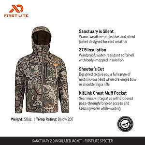 First Lite Sanctuary 2.0 Insulated Jacket - Fleece Hooded Windproof Camo Hunting Coat - First Lite Specter - Medium