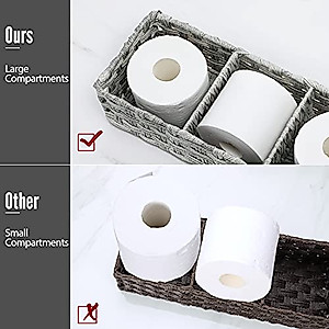 [Larger Compartments] Toilet Tank Topper Paper Basket - Multiuse Hand Woven Plastic Wicker Basket with Divider for Organizing, Rustic Farmhouse Bathroom Decor, Countertop Organizer Storage, Gray Wash