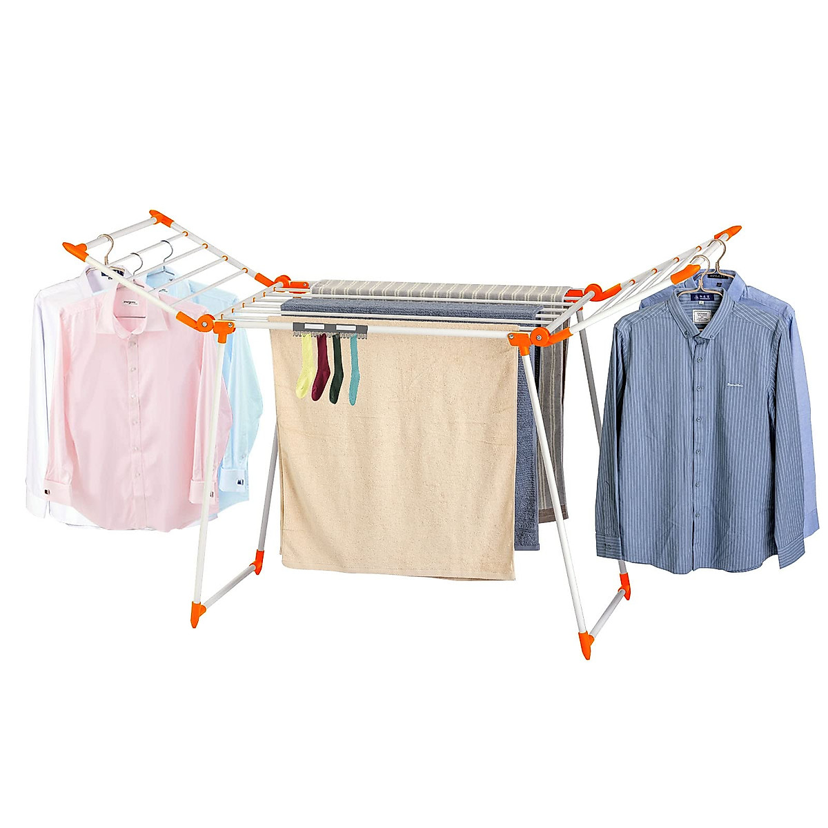 YUBELLES Clothes Drying Rack, Gullwing Laundry Rack, Collapsible, Space-Saving Laundry Rack, with Bonus Sock Clips, for Clothes, Towels, Linens, Indoor/Outdoor, Orange