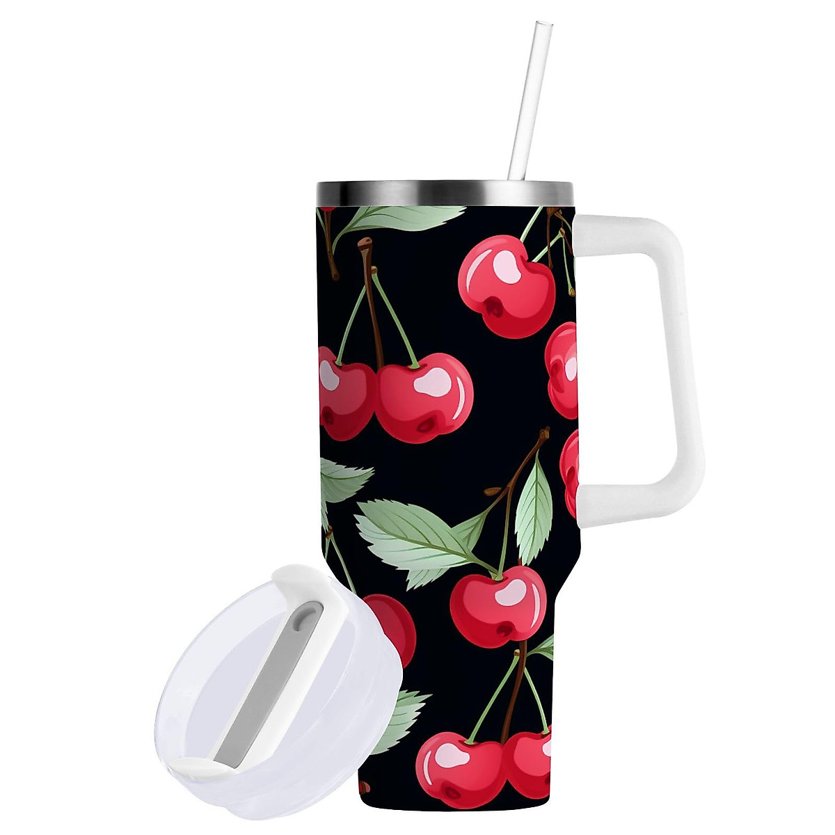 ARGTILDN 40 oz Tumbler Cherry Fruit Leaves Insulated Travel Mug with Handle and Straw Lid Stainless Steel Vacuum Coffee Cup Tea Beverage Container Water Bottles for Car Sports office