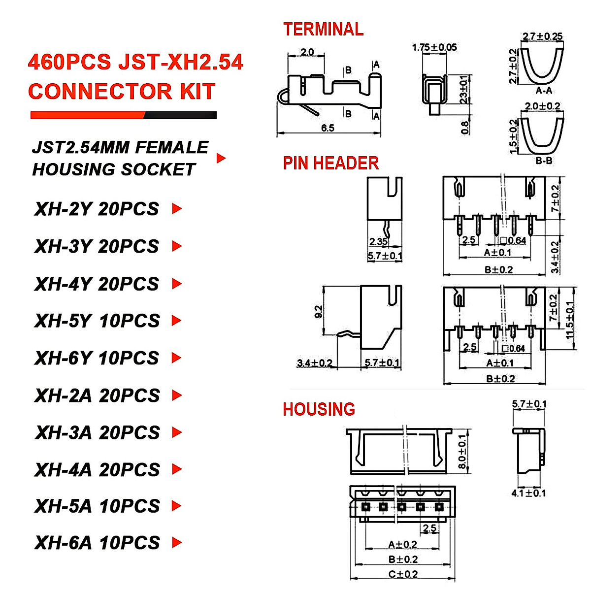 460PCS JST XH2.54 Connector kit 2/3/4/5/6Pin Plug with Terminal Wires Cables Socket Header Wire Connectors Kit