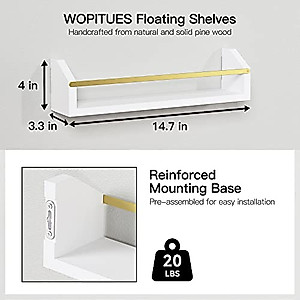 WOPITUES Floating Shelves with Protective Metal Rail, Small Bathroom Shelves Set of 4, Spice Rack Wall Mount, Wood Shelves for Kitchen, Living Room, Bedroom, Nursery Book- Modern White and Gold
