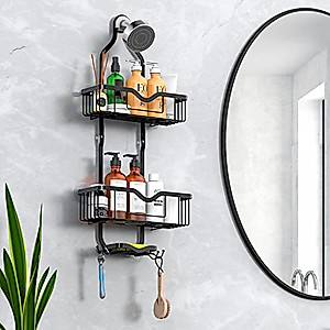 Kerisgo Hanging Shower Caddy, Over Head Shower Caddy Shower Organizer Rack with Soap Dish, Shower Storage Basket for Shampoo, Conditioner, Razors, Soap, Shower Sponge (Black)