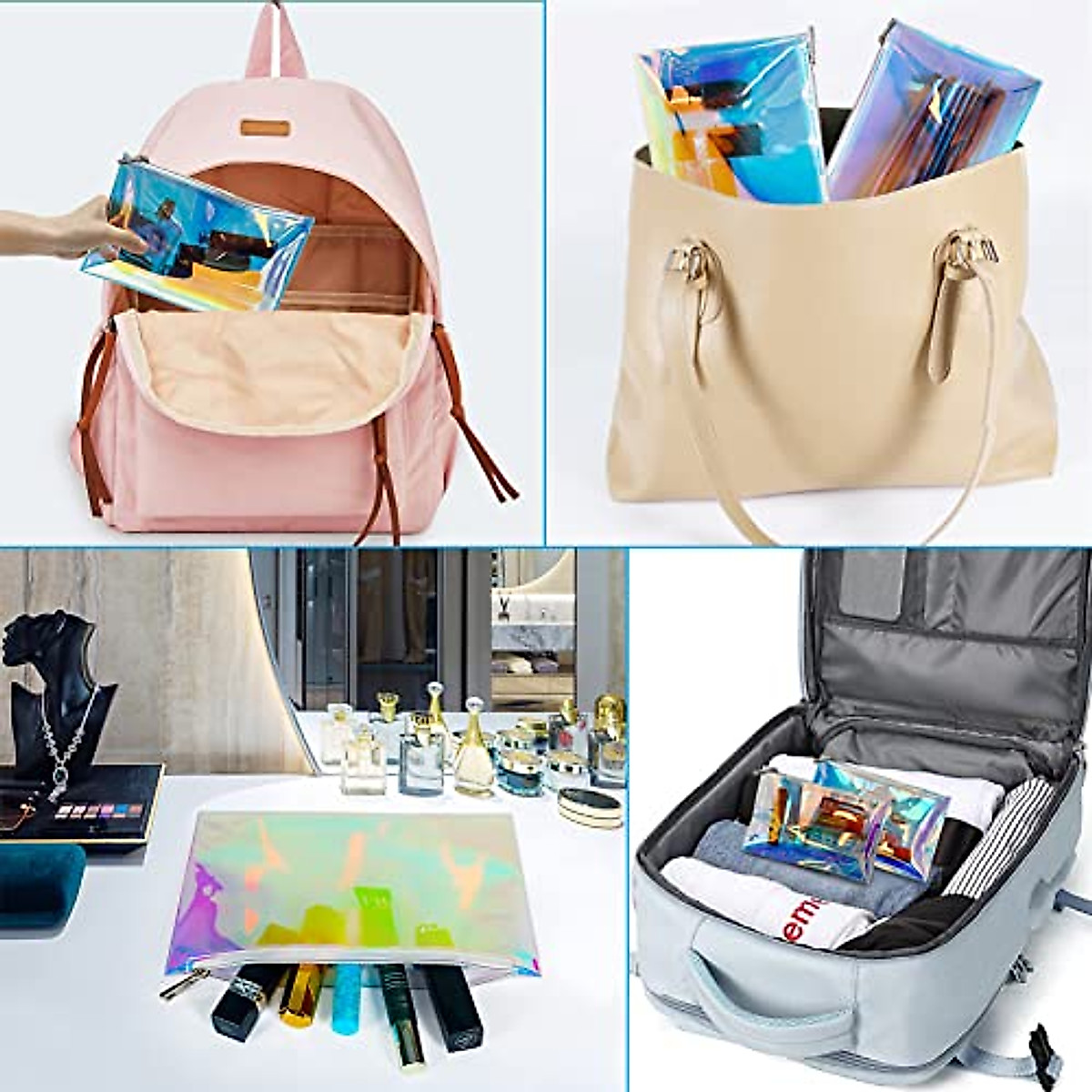 HRX Package Clear Iridescent Holographic Makeup Bag, 3pcs Cosmetic Pouches with Zipper Travel Organizer Case for Purse Diaper Bag