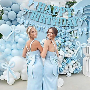 Bow Happy Birthday Banner Garland, Pre-Strung Blue Coquette Bow Birthday Banner for Bow Birthday Party Decorations, Coquette Birthday Decortions, Bow Party Decorations