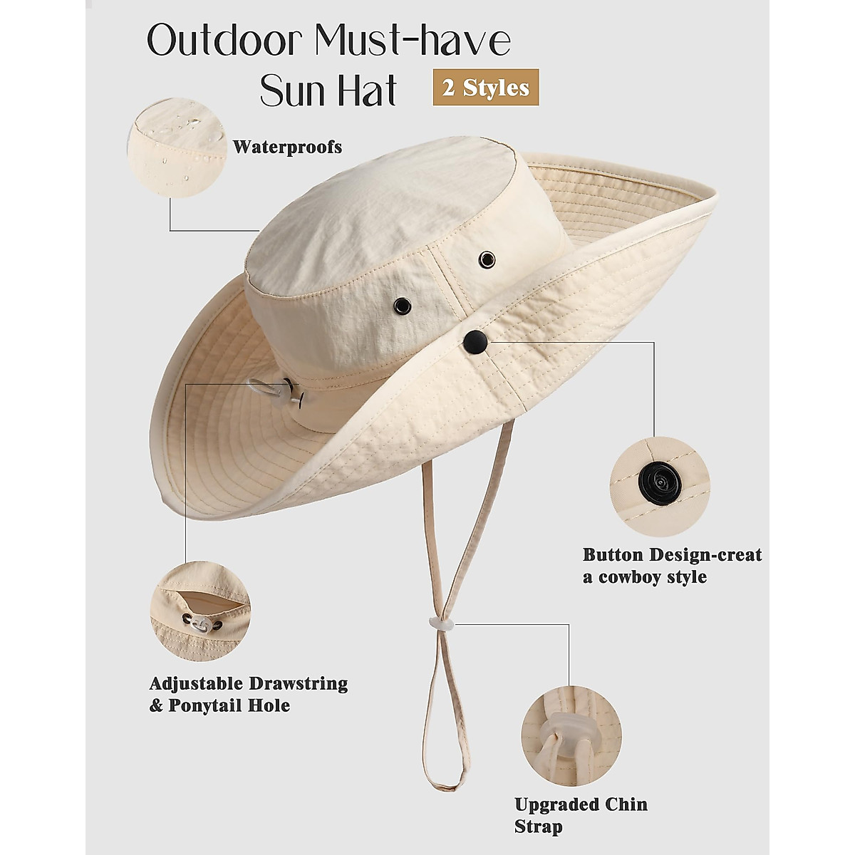 FURTALK Sun Hats for Women Ponytail UV Protection Summer Hat Wide Brim Packable UPF50 Cowboy Hat Hiking Fishing Hats Beige