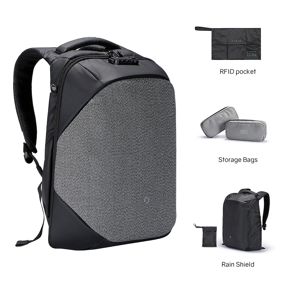 KORIN Laptop Bag For Men Women - Laptop Backpack 15.6" Travel Backpack With USB Charging Port, Original Design Flippack Anti-Theft Shool Backpack For Traveling, Hiking, Commuting, Black