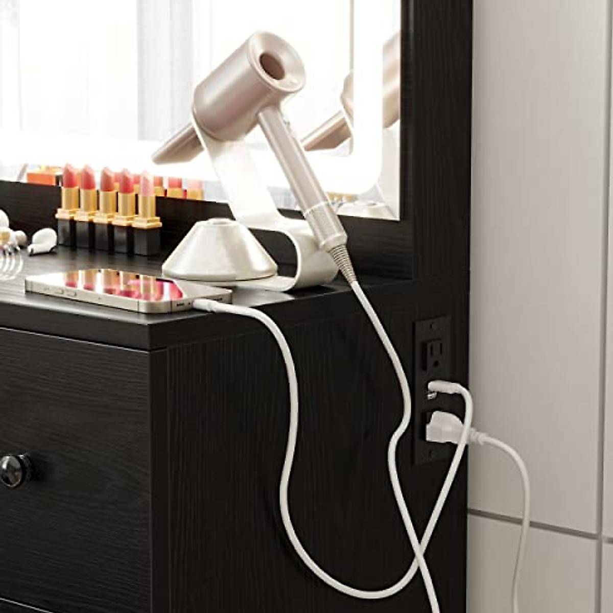 IRONCK Vanity Desk Set with LED Lighted Mirror & Power Outlet, 7 Drawers Makeup Vanities Dressing Table with Stool, for Bedroom, Black