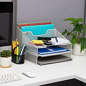 Mind Reader Network Collection, 3-Tier, 5-Compartment Desktop Organizer with 2 Vertical File Holders and 3 Horizontal Paper Trays, Desktop Organizer, Metal Mesh, White