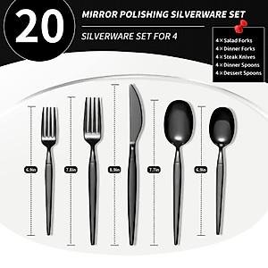 Rygten QU 20-piece Black Silverware Set, Unique Design Stainless Steel Flatware Set, Cutlery Set Spoons And Forks Knives Set, Tableware Set Service For 4, Dishwasher Safe