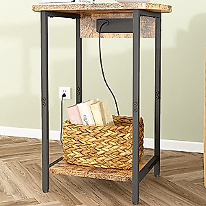 SOOWERY End Tables with Charging Station, Set of 2 Side Tables with USB Ports and Outlets, Nightstands with Storage Shelf for Living Room, Bedroom, Brown