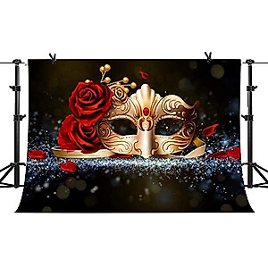 Masquerade Party Backdrops Golden Mask Red Rose Backdrop for Fiesta Mardi Gras Event Dance Photo Background Birthday Studio Photo Video Shoot Props (Vinyl-7x5ft)