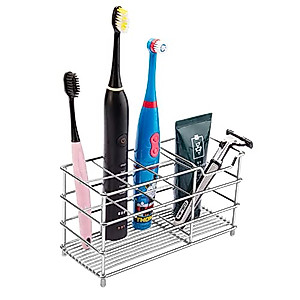 CGBE Toothbrush Holders, 7 Slots Electric Toothbrush Holder Wall Mounted Stainless Steel, Large Toothbrush Holders for Bathrooms, Shower Toothbrush Holder with Hanging Self Adhesive Hook-Sliver