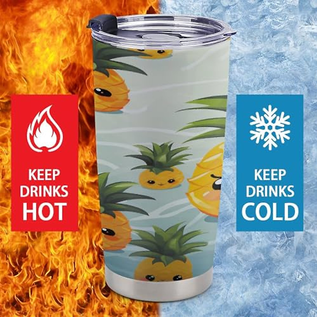 FHENMSA Reusable Plastic Water Cups with Lids,Cute Pineapple Print Anti-overflow Cup,sports Travel Coffee Cup