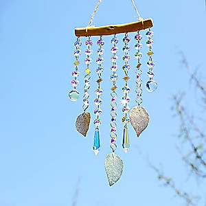 Hanging Window Suncatcher Rainbow Maker Glass Crystal Mobile Wind Chimes with AB Prisms & Natural Leaf Drops Home Wall Art Decoration Gift