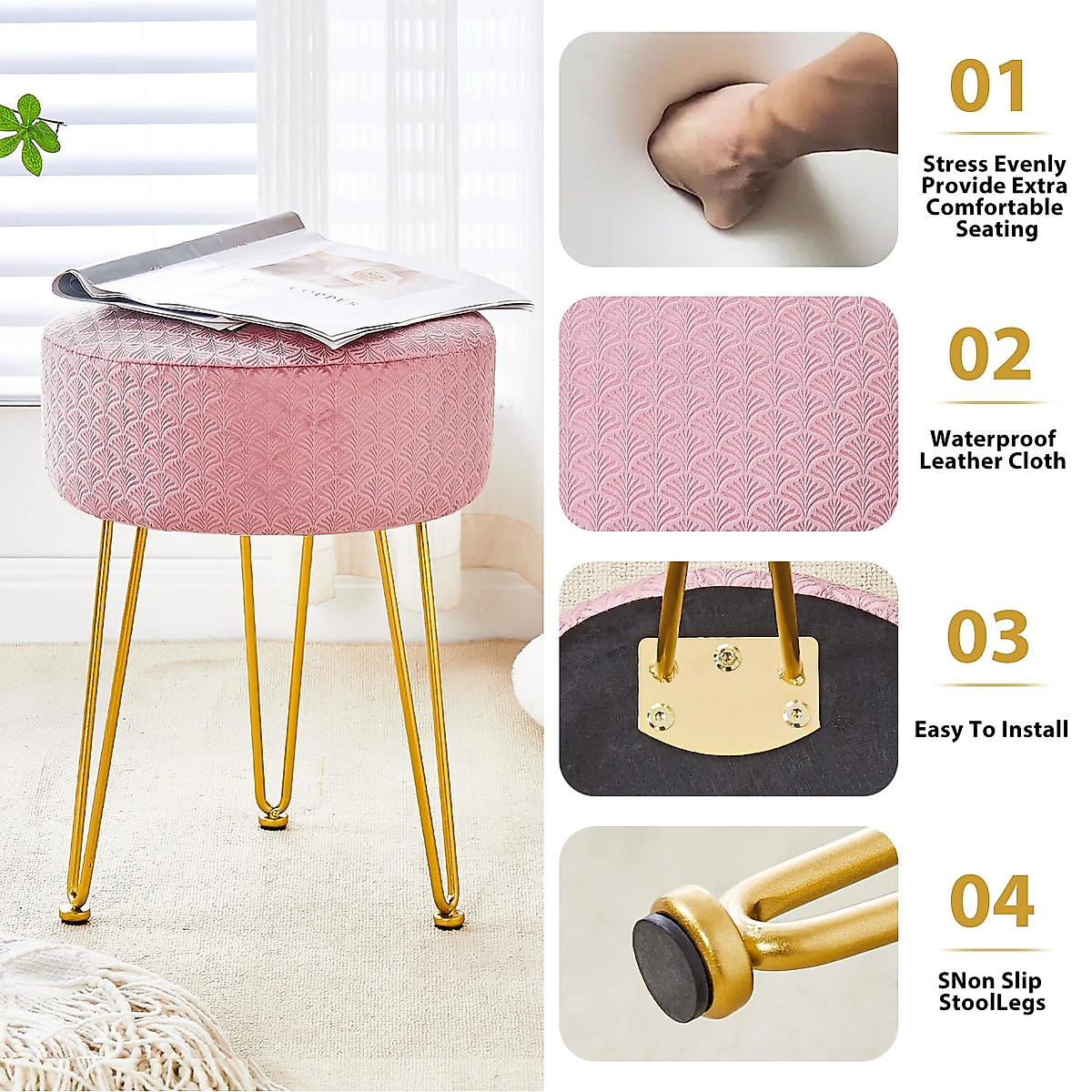Cpintltr Vanity Stool FootStools Velvet Ottoman Round Ottoman Modern Dressing Stool with Metal Leg Vanity Stool for Living Room Pink
