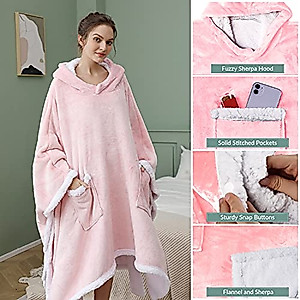 netoolen Wearable Blanket Poncho Women, 66 x 80 inches Blanket Hoodie Cape with Pockets, Dual- Used Keep Warm Cozy Sherpa Fleece Oversize Sweatshirt Throw for Home Office Couch Outdoor, Pink