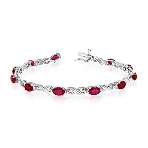 14K White Gold Oval Garnet and Diamond Bracelet (8 Inch Length)