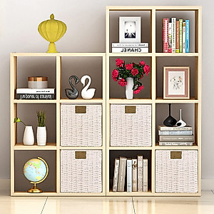 Vagusicc Wicker Storage Basket, Set of 2 Hand-Woven Storage Baskets for Organizing, Foldable Cube Storage Bins, 11 Inch Wicker Storage Baskets for Shelves and Decor, Square Closet Organizer, White