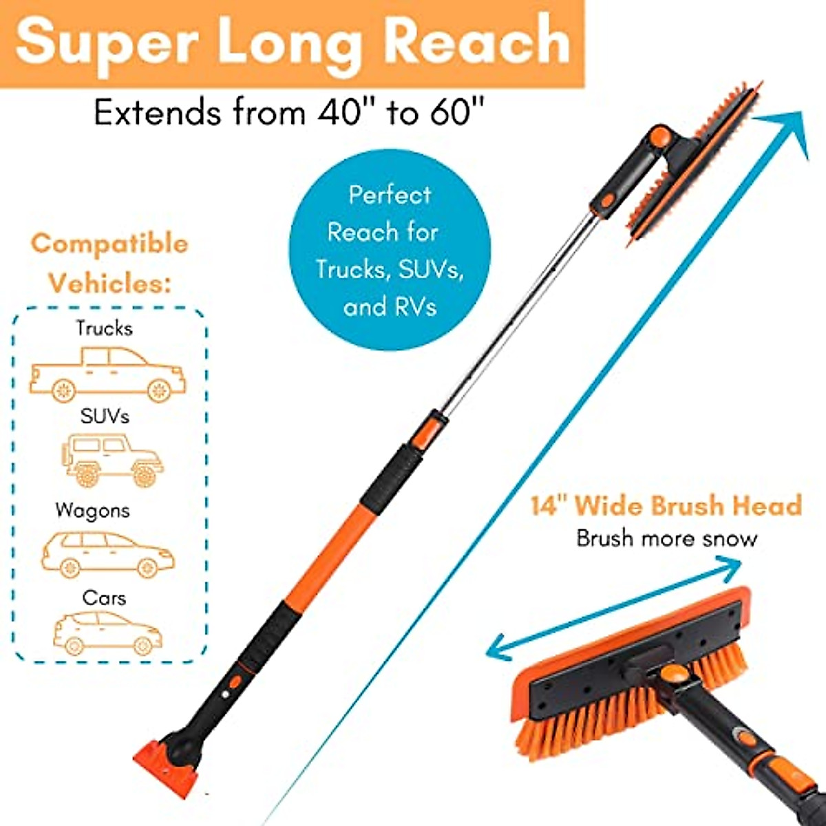 BIRDROCK HOME 60" Extendable Snow Brush with Detachable Ice Scraper for Car | 14" Wide Squeegee & Bristle Head | Size: Truck, Car, SUV, & RV | Aluminum Body with Ergonomic Rubber Grip