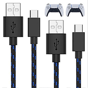 TALK WORKS Fast Charge USB-C Charger Cable for PS5 Controller - 10 Feet Long, Heavy-Duty Braided Type C Cord Charging Compatible with Sony Playstation 5 - Black-Blue (2 Pack)