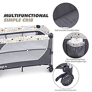 Heyo.Ja Double Layer Baby Portable Playard, 5 Height Adjustable Crib,Changing Table, Foldable Bassinet Bed with Luxury Mosquito Net,Toys Bag,Wheels & Brake, Game Entrance for Boys Girls(Grey)