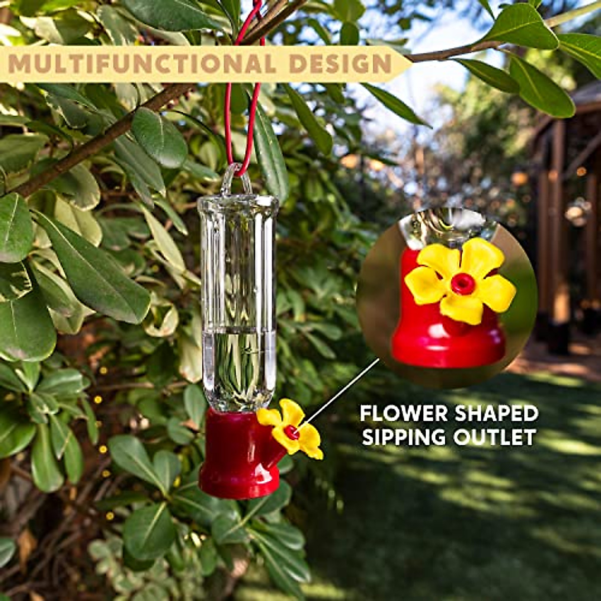 JOIEDOMI Set of 6 Mini Hummingbird Feeders with Hanging Wires, Transparent Outdoor Humming Bird Feeder Set with 3 Cleaning Brush for Patio, Outside, Lawn, Backyard, Garden, Easy to Clean