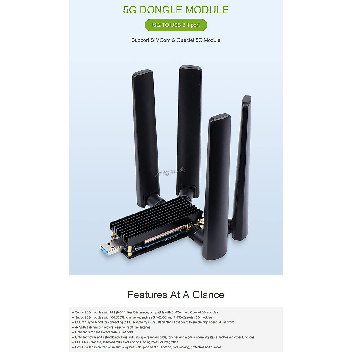 5G DONGLE Module with Quad Antennas USB3.1 Port Aluminum Alloy Heatsink M.2 Key B Interface @XYGStudy (USB to M.2 B Key)